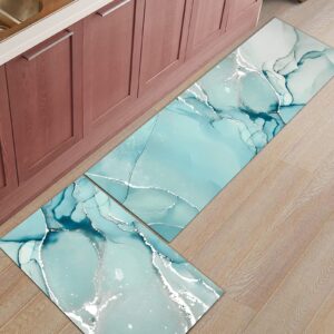 Kitchen Mat 2PCS Marble Texture Abstract Teal White Gold Glitter Splatter Kitchen Rugs Kitchen Organization, Anti-Fatigue Kitchen Floor Mats Kitchen Decor Runner Rug Room Decor Standing Desk Mats