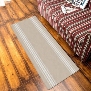 Country Rustic Stripes Antifatigue Kitchen Bath Door Mat Cushioned Runner Rug,Washable Welcome Floor Sink Mat,Khaki White Geometric Line Luxurious Art Waterproof Comfort Standing Doormat,24"x36"