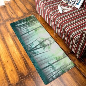 Ombre Green Misty Nature Forest Tree Fog Antifatigue Kitchen Bath Door Mat Cushioned Runner Rug,Washable Welcome Floor Sink Mat,Forest Fantasy Fog Magic Woodland Comfort Standing Doormat,24"x36"