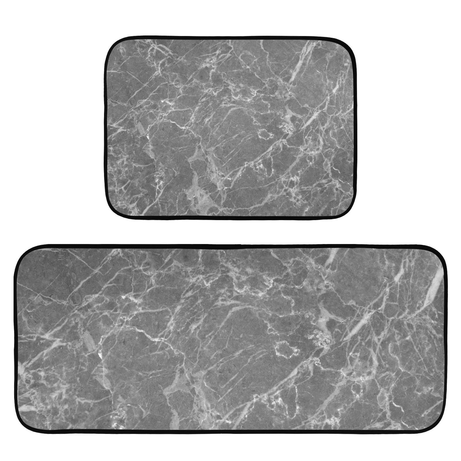 BOENLE Dark Gray Marble Kitchen Rugs and Mats Non Skid Washable Kitchen Rug Set 2 Piece Carpet Ergonomic Comfort Standing Mat for Kitchen,Bathroom, Laundry