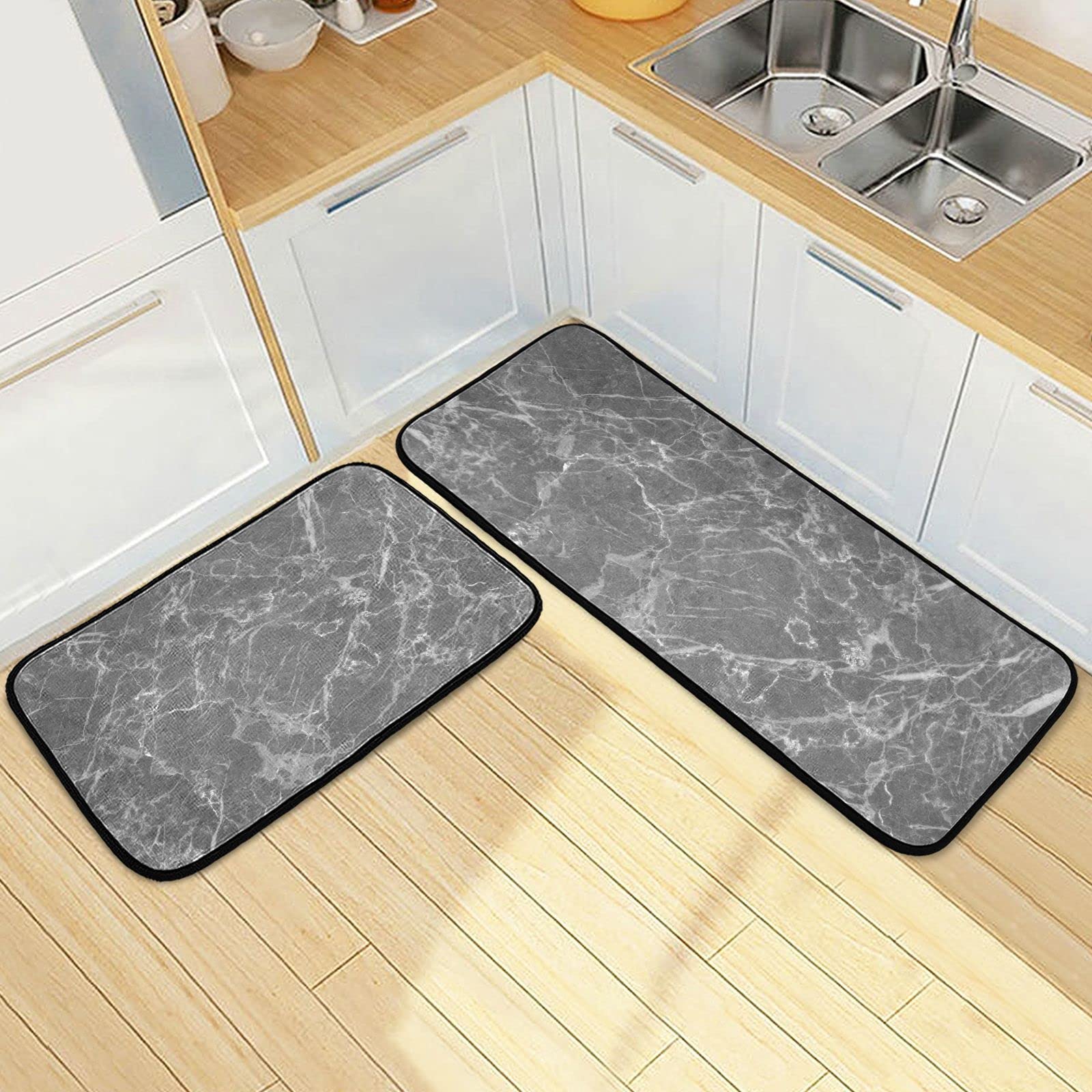 BOENLE Dark Gray Marble Kitchen Rugs and Mats Non Skid Washable Kitchen Rug Set 2 Piece Carpet Ergonomic Comfort Standing Mat for Kitchen,Bathroom, Laundry