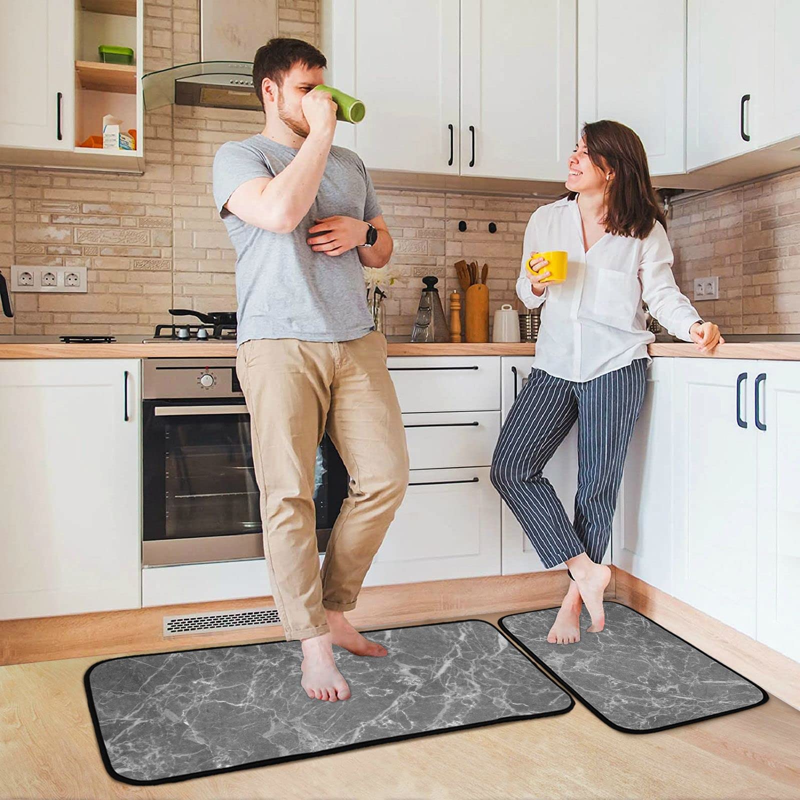 BOENLE Dark Gray Marble Kitchen Rugs and Mats Non Skid Washable Kitchen Rug Set 2 Piece Carpet Ergonomic Comfort Standing Mat for Kitchen,Bathroom, Laundry