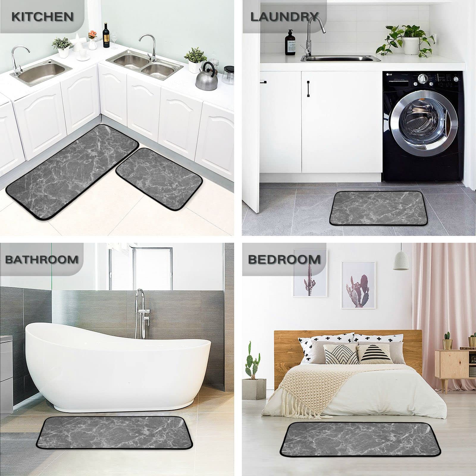 BOENLE Dark Gray Marble Kitchen Rugs and Mats Non Skid Washable Kitchen Rug Set 2 Piece Carpet Ergonomic Comfort Standing Mat for Kitchen,Bathroom, Laundry