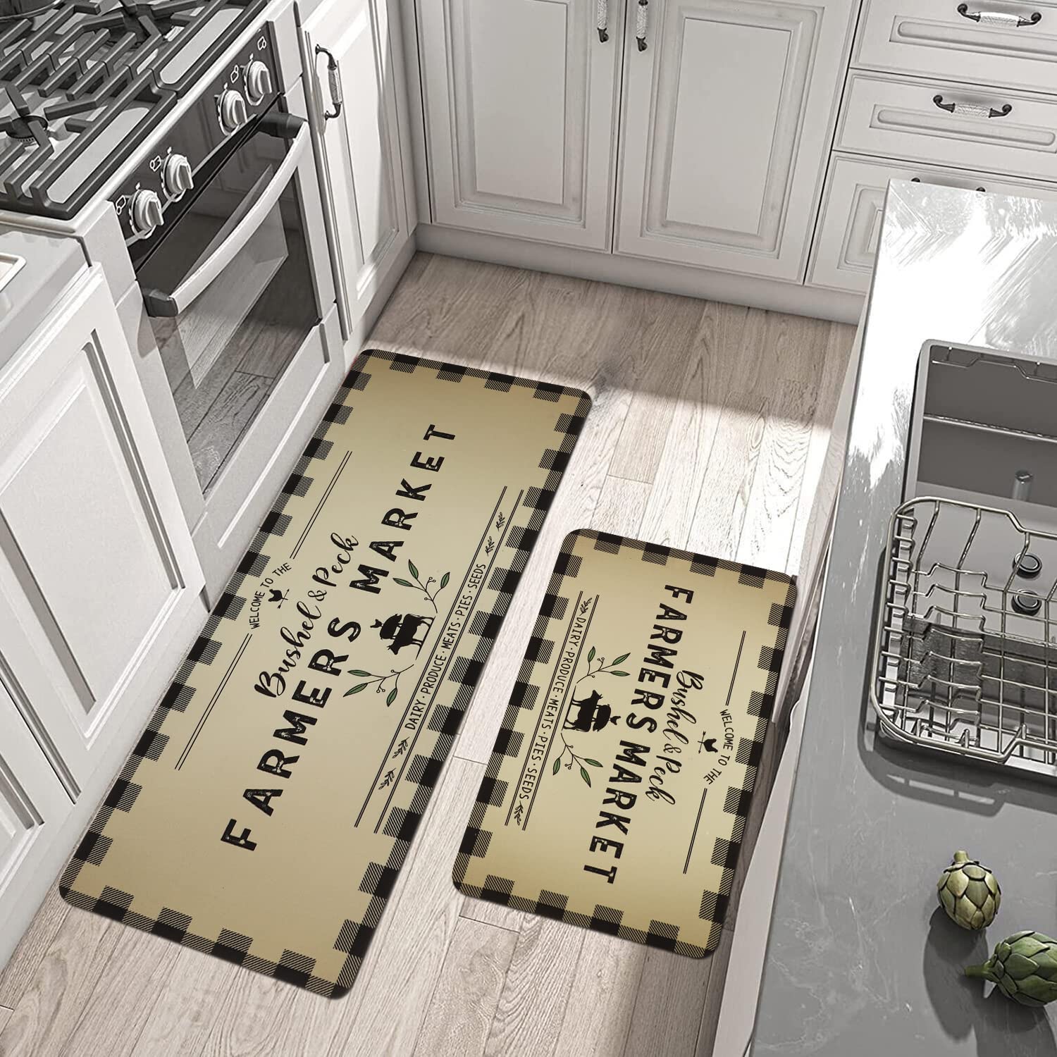 Falflor 2PCS Farmhouse Kitchen Rug and Mats Non Slip Waterproof Kitchen Rugs Set Kitchen Floor Standing Mats Rubber Backing Floor Carpet Runner for Kitchen Sink Laundry Office