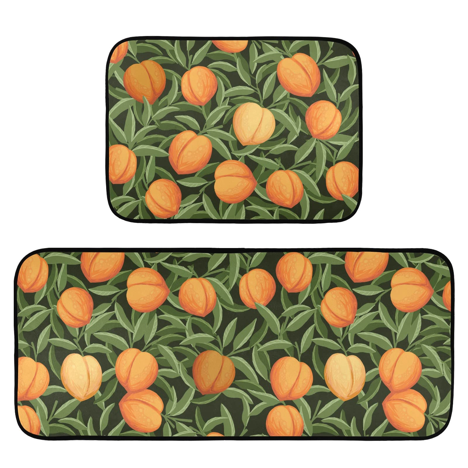 ALAZA Peaches Green Leaves Kitchen Rug Set, 2 Piece Set, Non-Slip Floor Mat for Living Room Bedroom Dorm Home Decor, 19.7 x 27.6 Inch + 19.7 x 47.2 Inch