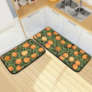 ALAZA Peaches Green Leaves Kitchen Rug Set, 2 Piece Set, Non-Slip Floor Mat for Living Room Bedroom Dorm Home Decor, 19.7 x 27.6 Inch + 19.7 x 47.2 Inch