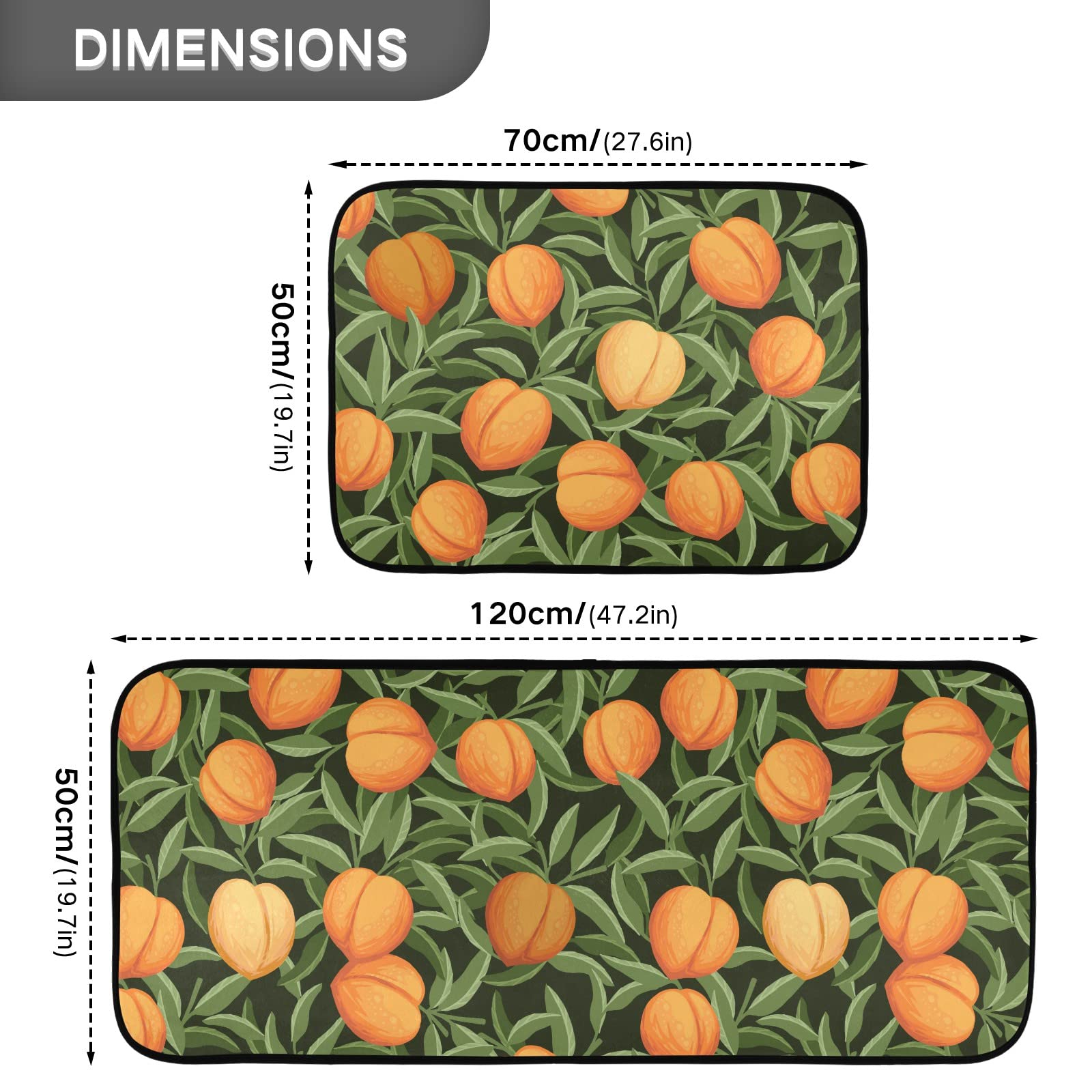 ALAZA Peaches Green Leaves Kitchen Rug Set, 2 Piece Set, Non-Slip Floor Mat for Living Room Bedroom Dorm Home Decor, 19.7 x 27.6 Inch + 19.7 x 47.2 Inch