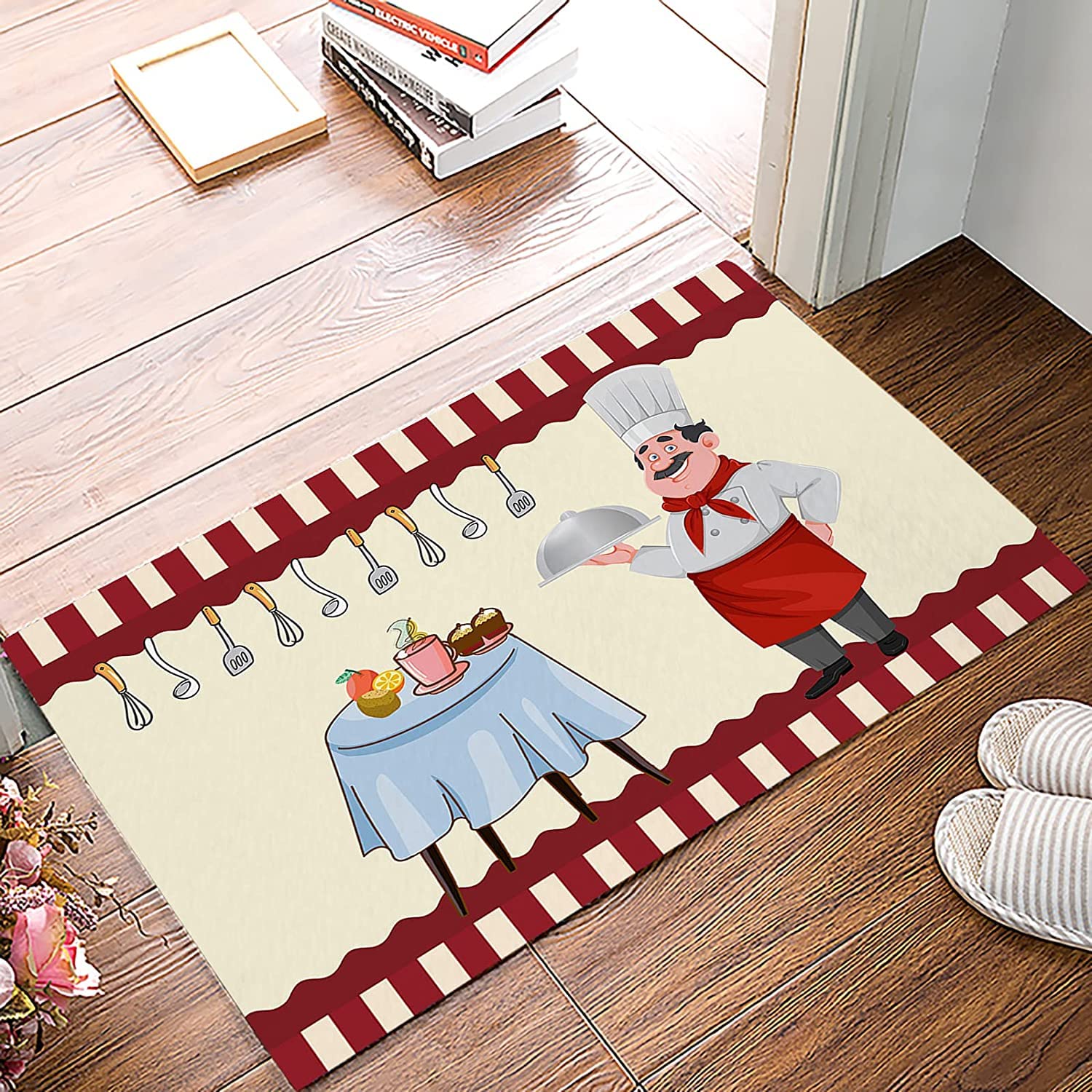 Low-Profile Doormats 16x24in, Absorbent Cushioned Kitchen Door Mat Rug for Living Room Bathroom&Stand-up Desks, Cheerful Chef Kitchen Decor and Accessories on Red Buffalo Check Plaid Entryway Carpet