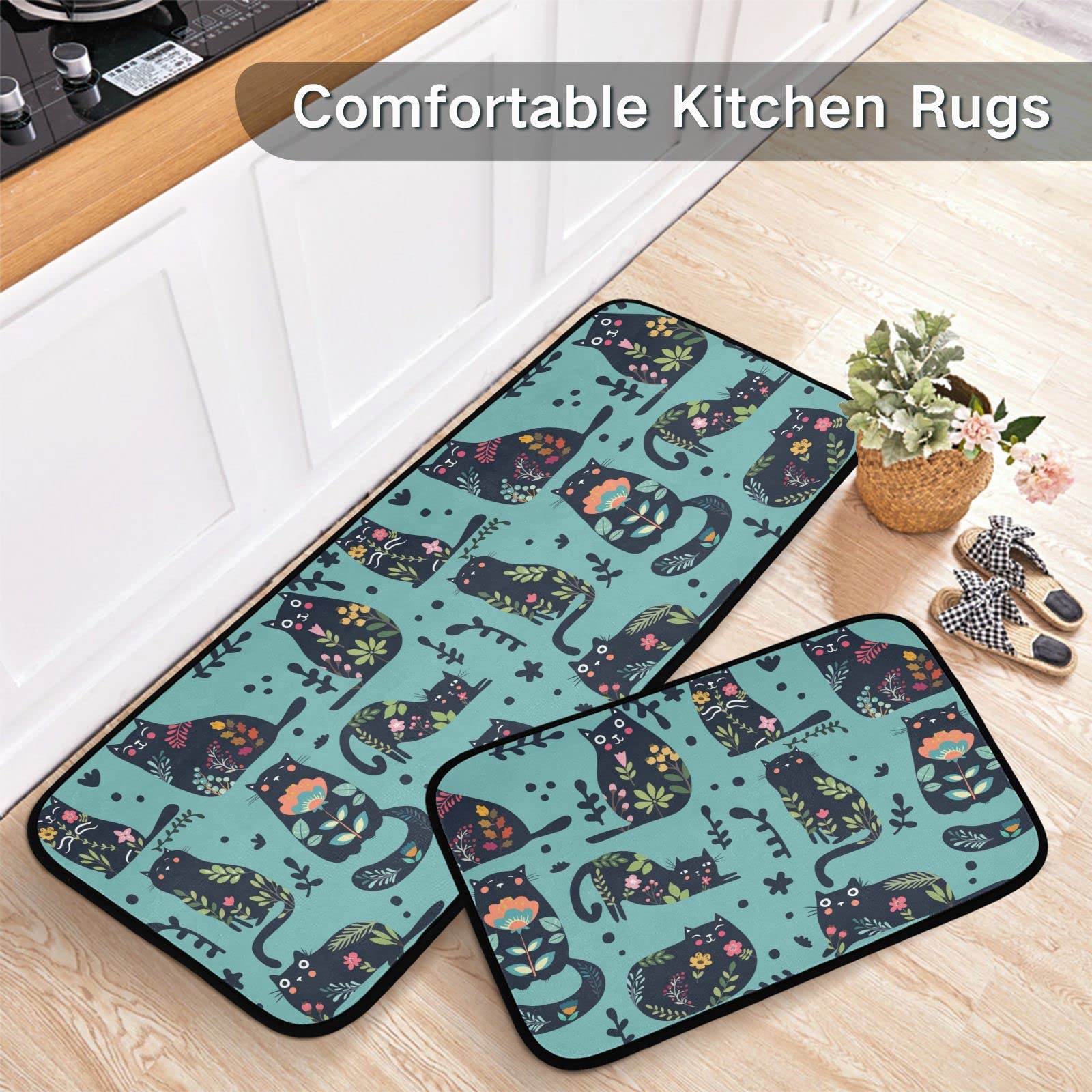 Kigai Cats and Colorful Flowers Kitchen Rugs and Mats Set of 2, Anti Fatigue Comfort Mat for Kitchen Floor, Non Skid and Washable Kitchen Rug, 27"x20"+47"x20"