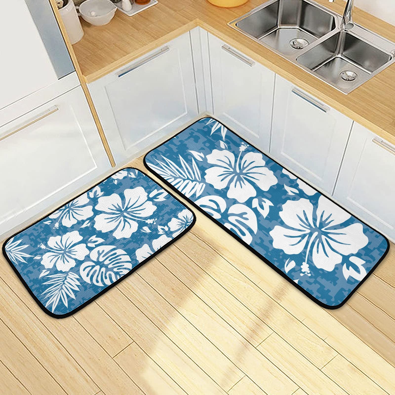 J JOYSAY Aloha Hawaiian Floral Kitchen Rugs and Mat 2 Pieces Set Cushioned Anti Fatigue Kitchen Mat Non Slip Floor Rug Washable Farmhouse Decor for Kitchen Floor Home Office Laundry