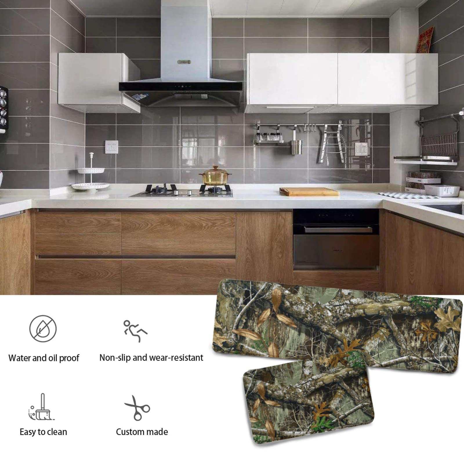 YouTary Autumn Hunting Tree Camo Pattern Kitchen Rug Set 2 PCS Floor Mats Washable Non-Slip Soft Flannel Runner Rug Doormat Carpet for Floor Home Bathroom, 17" x 47"+17" x 24"-M