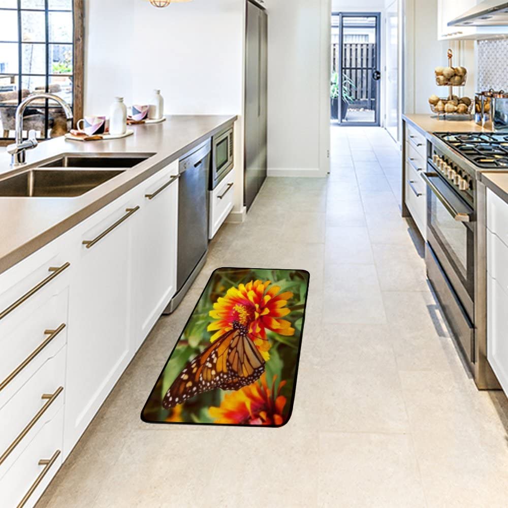 Long Kitchen Rugs Non Slip Washable Bath Mat Kitchen Runner Rug Monarch Butterfly Flower Water Absorption Quick Drying Anti Fatigue Comfort Flooring Carpet 39 x 20 inch