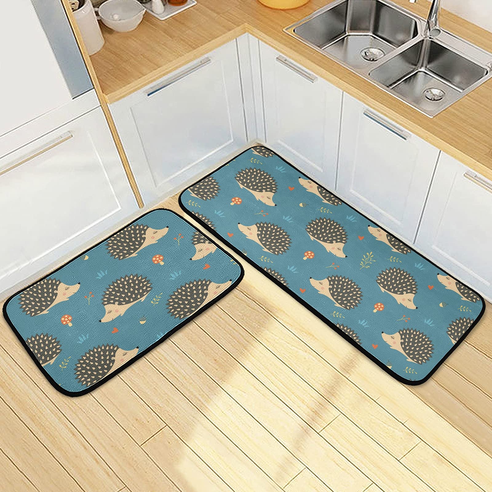 Hedgehogs Kitchen Mat Set of 2 Kitchen Rug Set Washable Non Slip Cushioned Memory Foam Kitchen Runner Rugs and Mats Comfort Standing Mat for Office Desk Sink Laundry Home Decor