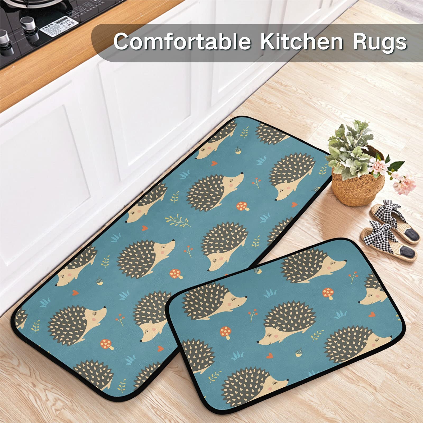 Hedgehogs Kitchen Mat Set of 2 Kitchen Rug Set Washable Non Slip Cushioned Memory Foam Kitchen Runner Rugs and Mats Comfort Standing Mat for Office Desk Sink Laundry Home Decor