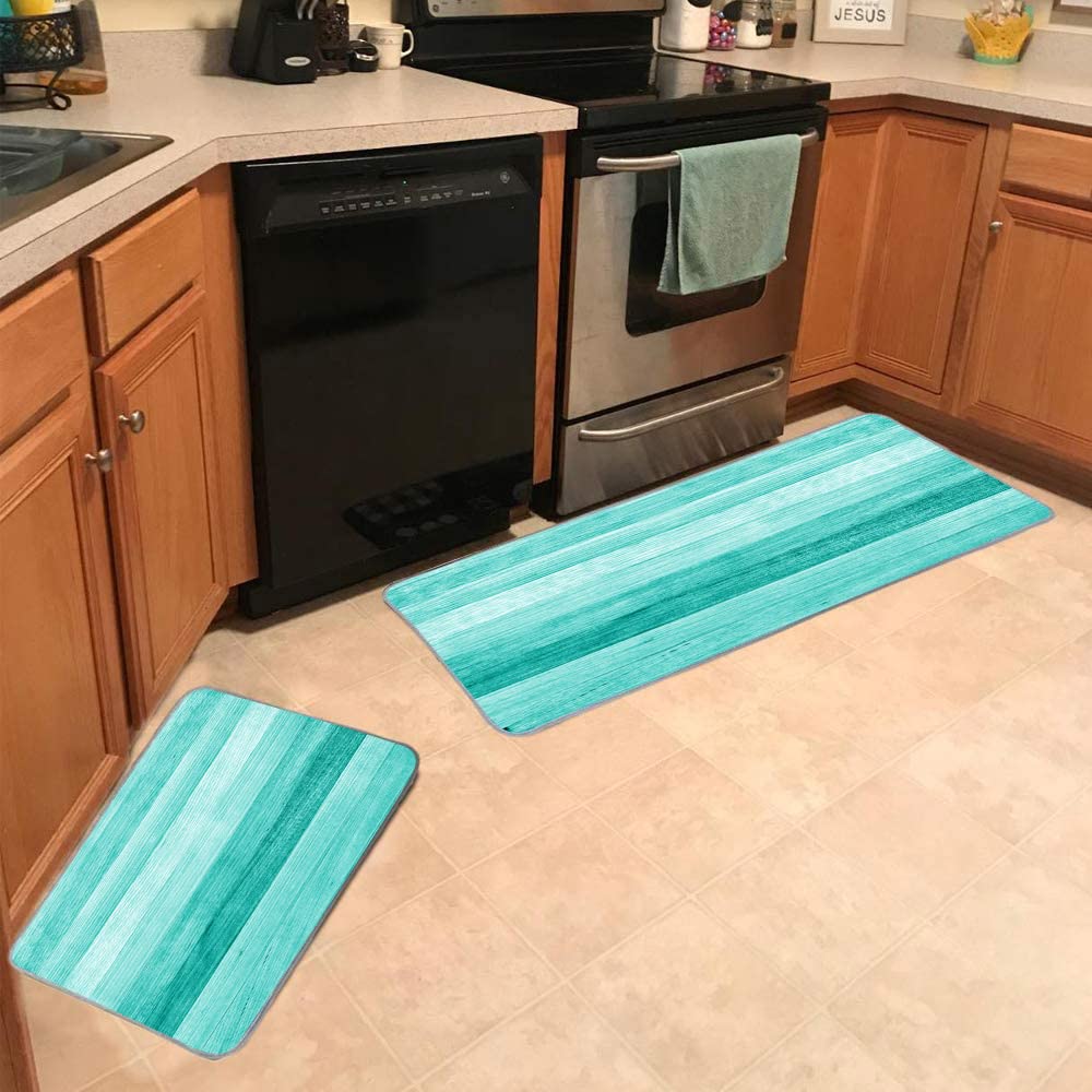 TOMWISH Teal Kitchen Rugs Turquoise Kitchen Mat Non Slip Kitchen Rug Teal Turquoise Green Painted 2 Pieces Kitchen Rug Set 17"X48"+17"X24" Outdoor Kitchen Rug Mat for Home Office Sink Laundry Desk