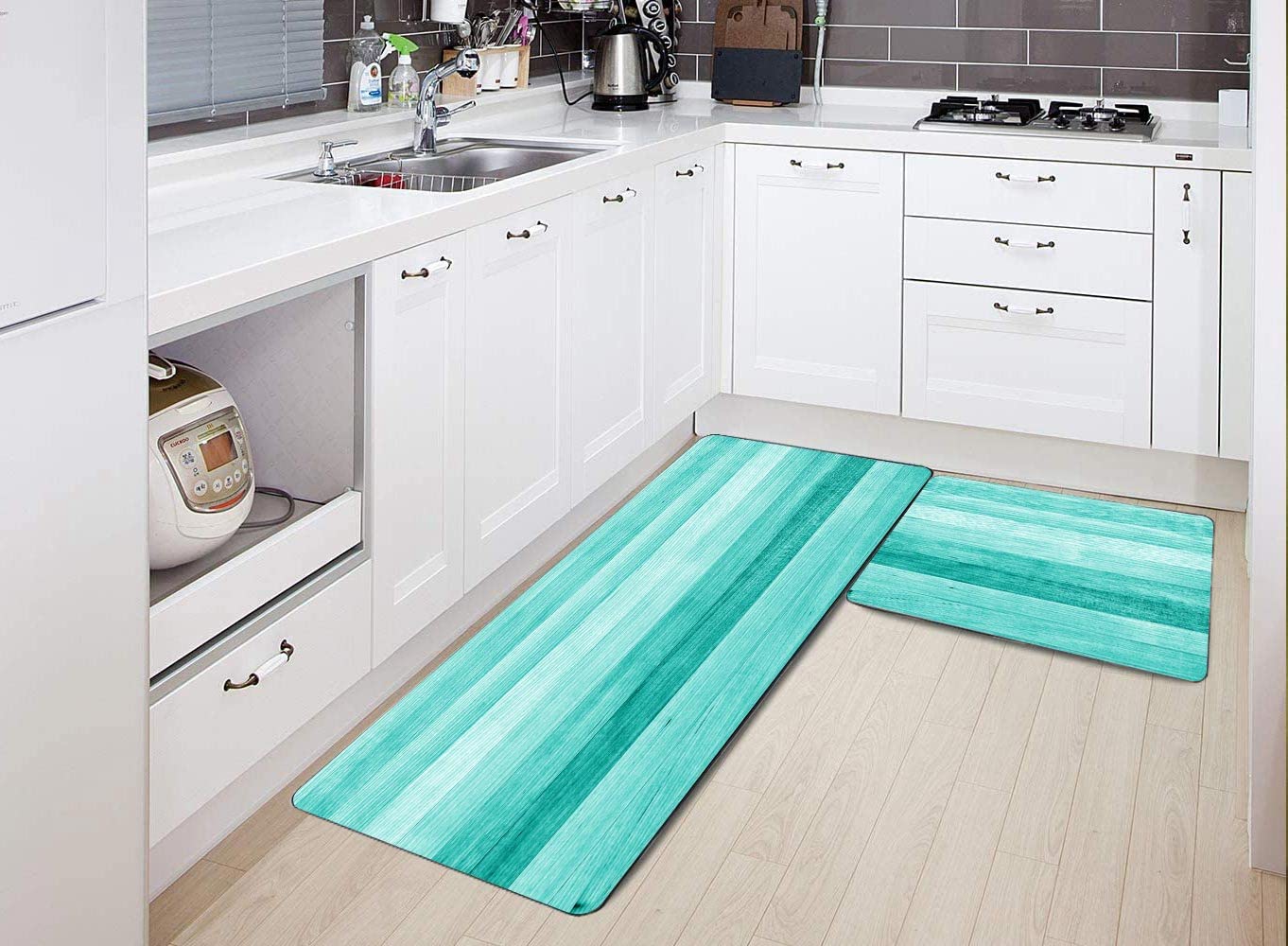 TOMWISH Teal Kitchen Rugs Turquoise Kitchen Mat Non Slip Kitchen Rug Teal Turquoise Green Painted 2 Pieces Kitchen Rug Set 17"X48"+17"X24" Outdoor Kitchen Rug Mat for Home Office Sink Laundry Desk