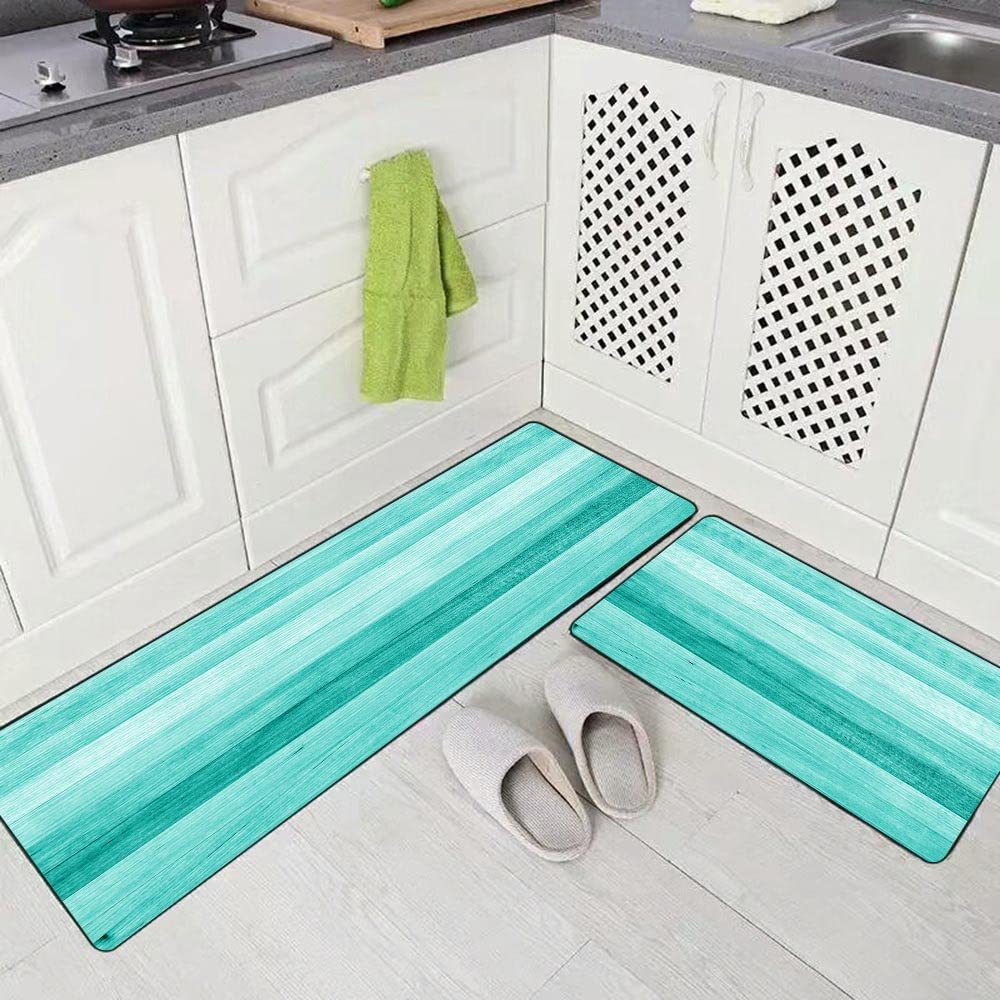 TOMWISH Teal Kitchen Rugs Turquoise Kitchen Mat Non Slip Kitchen Rug Teal Turquoise Green Painted 2 Pieces Kitchen Rug Set 17"X48"+17"X24" Outdoor Kitchen Rug Mat for Home Office Sink Laundry Desk