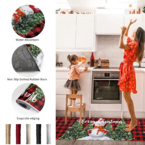 Arts Print Kitchen Rug Mat Set of 2,Merry Christmas Cute Snowman with Christmas Tree Black and Red Buffalo Plaid Runner Rug,Non-Slip Durable Kitchen Floor Mat for Sink,15.7x23.6Inch+15.7x47.2Inch