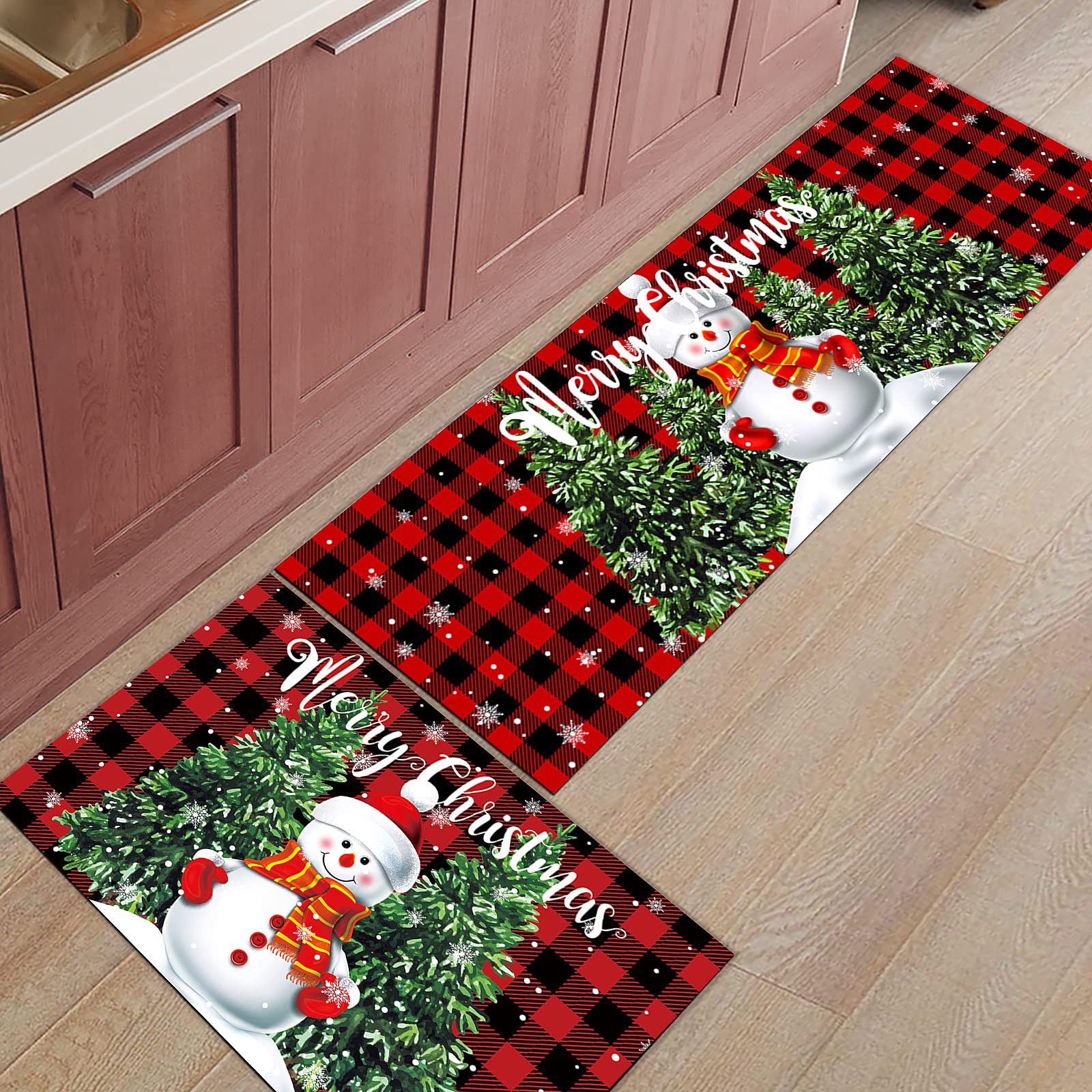 Arts Print Kitchen Rug Mat Set of 2,Merry Christmas Cute Snowman with Christmas Tree Black and Red Buffalo Plaid Runner Rug,Non-Slip Durable Kitchen Floor Mat for Sink,15.7x23.6Inch+15.7x47.2Inch