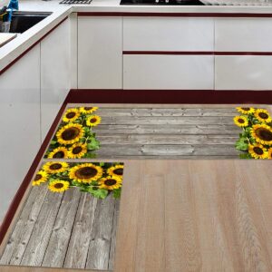 wanxinfu Kitchen Mat Set 2 Piece Kitchen Rugs, Yellow Sunflowers on Wooden Board Soft Waterproof Non-Slip Rubber Backing Floor Mats Doormat Bathroom Runner Area Rug Carpet, 15.7x23.6in + 15.7x47.2in