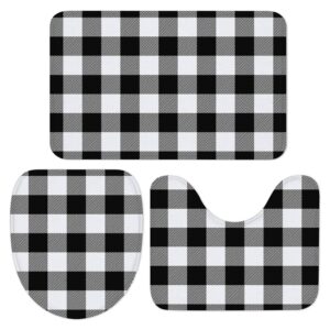 royalours plaid bath mat vintage white black gingham checkered tartan buffalo check bathroom mat set 3 pieces rug toilet seat lid cover non slip mat anti-skid pad