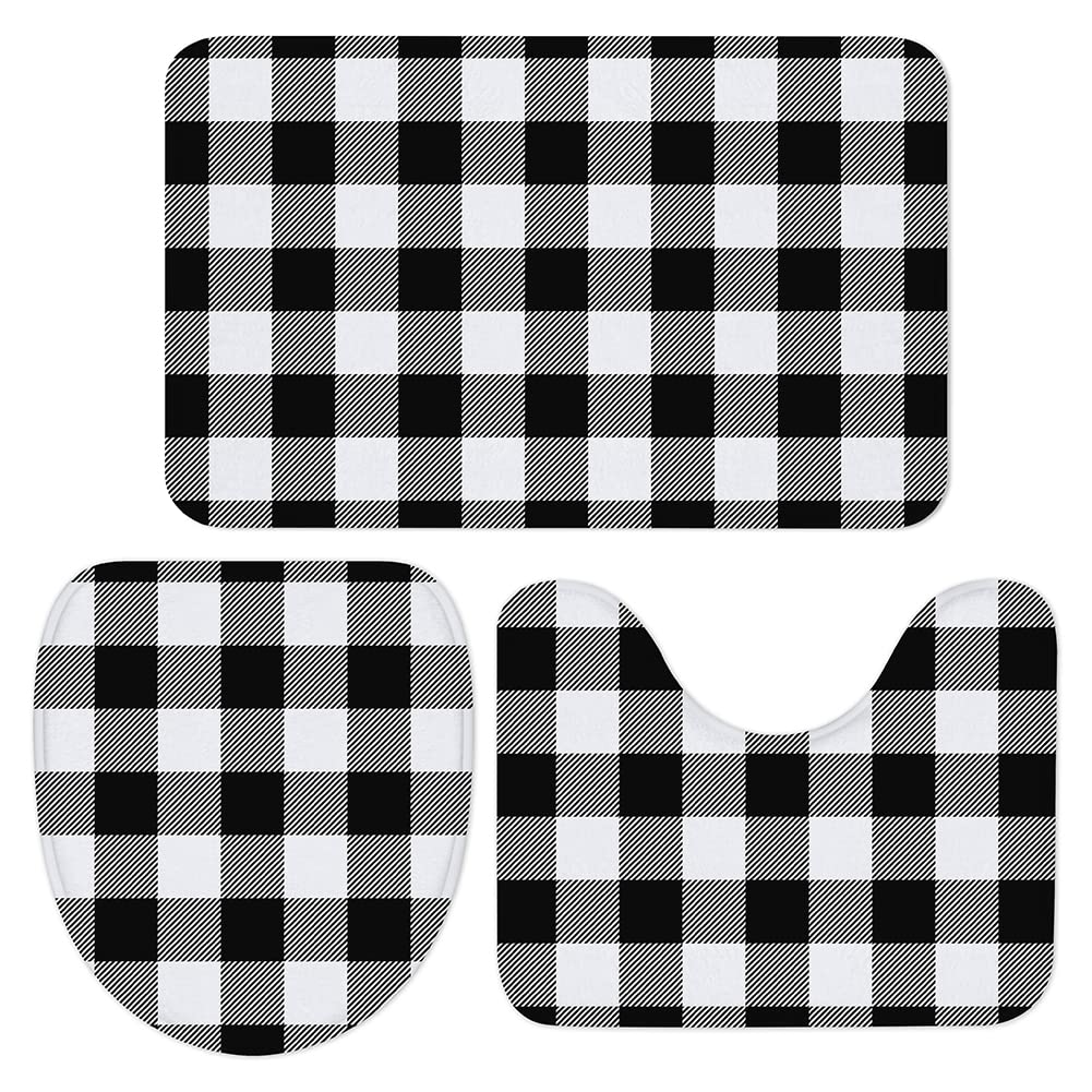 Royalours Plaid Bath Mat Vintage White Black Gingham Checkered Tartan Buffalo Check Bathroom Mat Set 3 Pieces Rug Toilet Seat Lid Cover Non Slip Mat Anti-Skid Pad