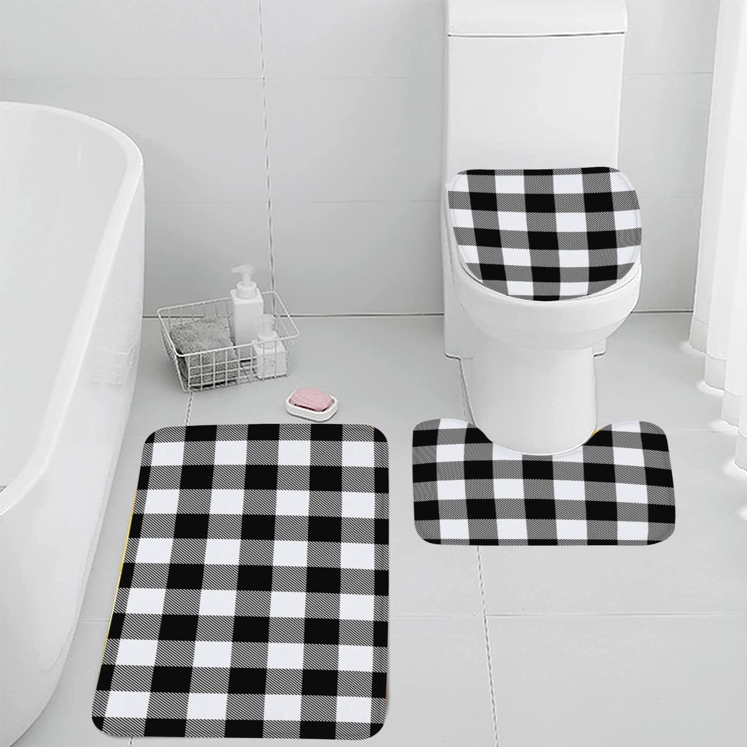 Royalours Plaid Bath Mat Vintage White Black Gingham Checkered Tartan Buffalo Check Bathroom Mat Set 3 Pieces Rug Toilet Seat Lid Cover Non Slip Mat Anti-Skid Pad