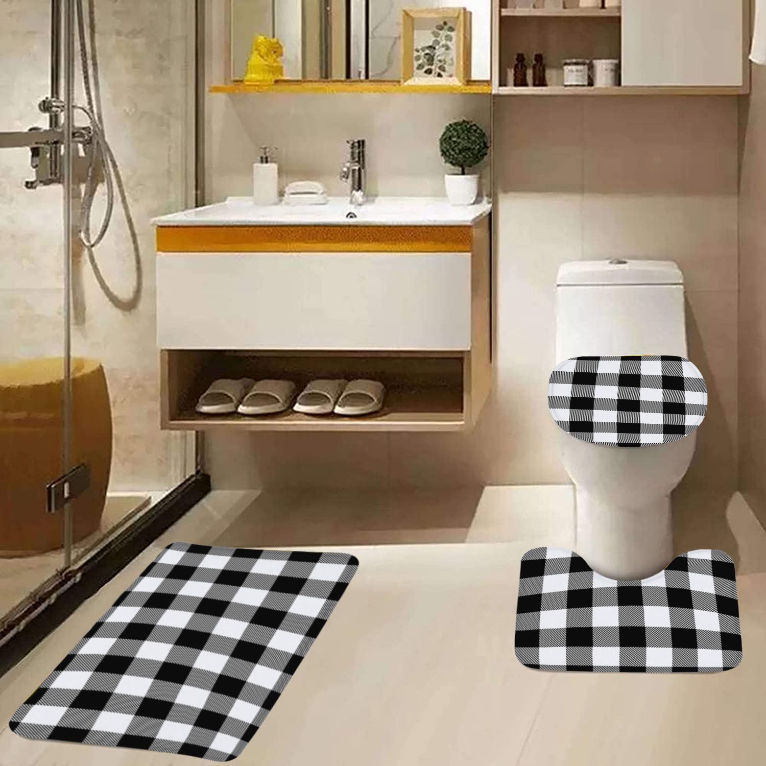 Royalours Plaid Bath Mat Vintage White Black Gingham Checkered Tartan Buffalo Check Bathroom Mat Set 3 Pieces Rug Toilet Seat Lid Cover Non Slip Mat Anti-Skid Pad