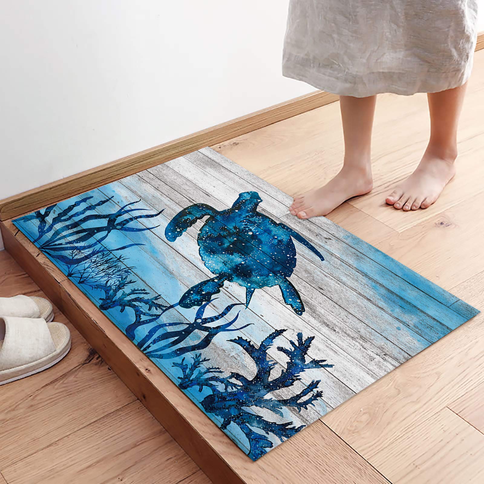 Kitchen Mat Beach Themed Coastal Blue Sea Turtle Nautical Map Ocean Starfish Seaweed Kitchen Rugs Kitchen Organization Anti-Fatigue Kitchen Floor Mats Kitchen Runner Rug Room Decor Standing Desk Mats