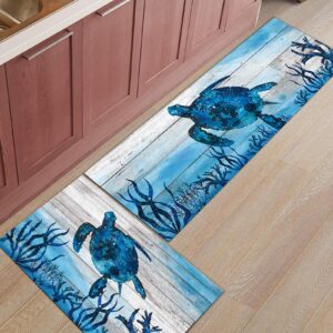 Kitchen Mat Beach Themed Coastal Blue Sea Turtle Nautical Map Ocean Starfish Seaweed Kitchen Rugs Kitchen Organization Anti-Fatigue Kitchen Floor Mats Kitchen Runner Rug Room Decor Standing Desk Mats