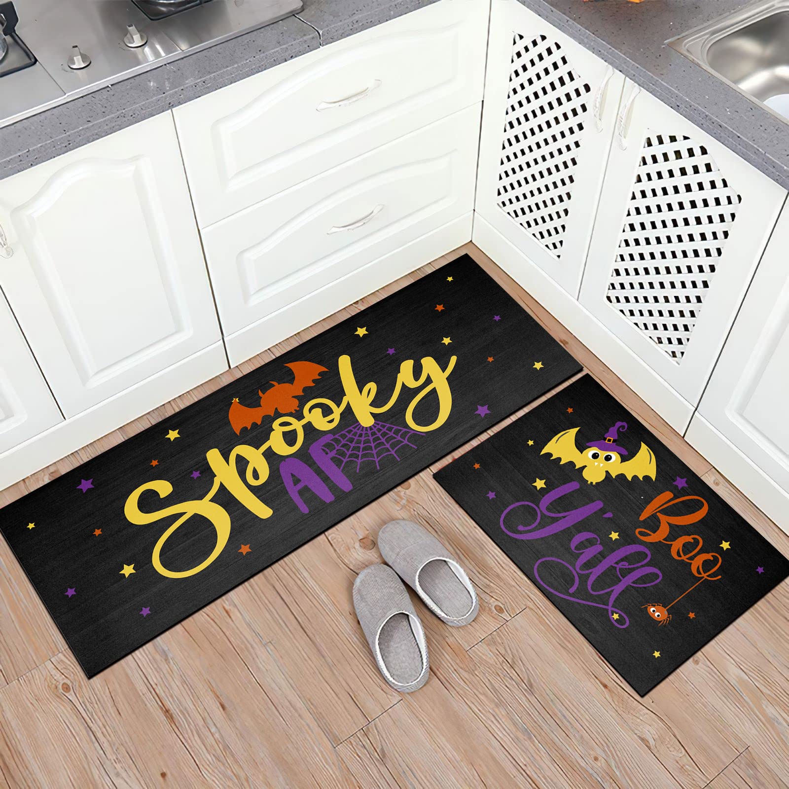 HOLVDENG Halloween Spooky Kitchen Mat Set of 2 Non Slip Thick Kitchen Rugs and Mats for Floor Comfort Standing Mats for Kitchen, Sink, Office, Laundry, 17"x47"+17"x28"