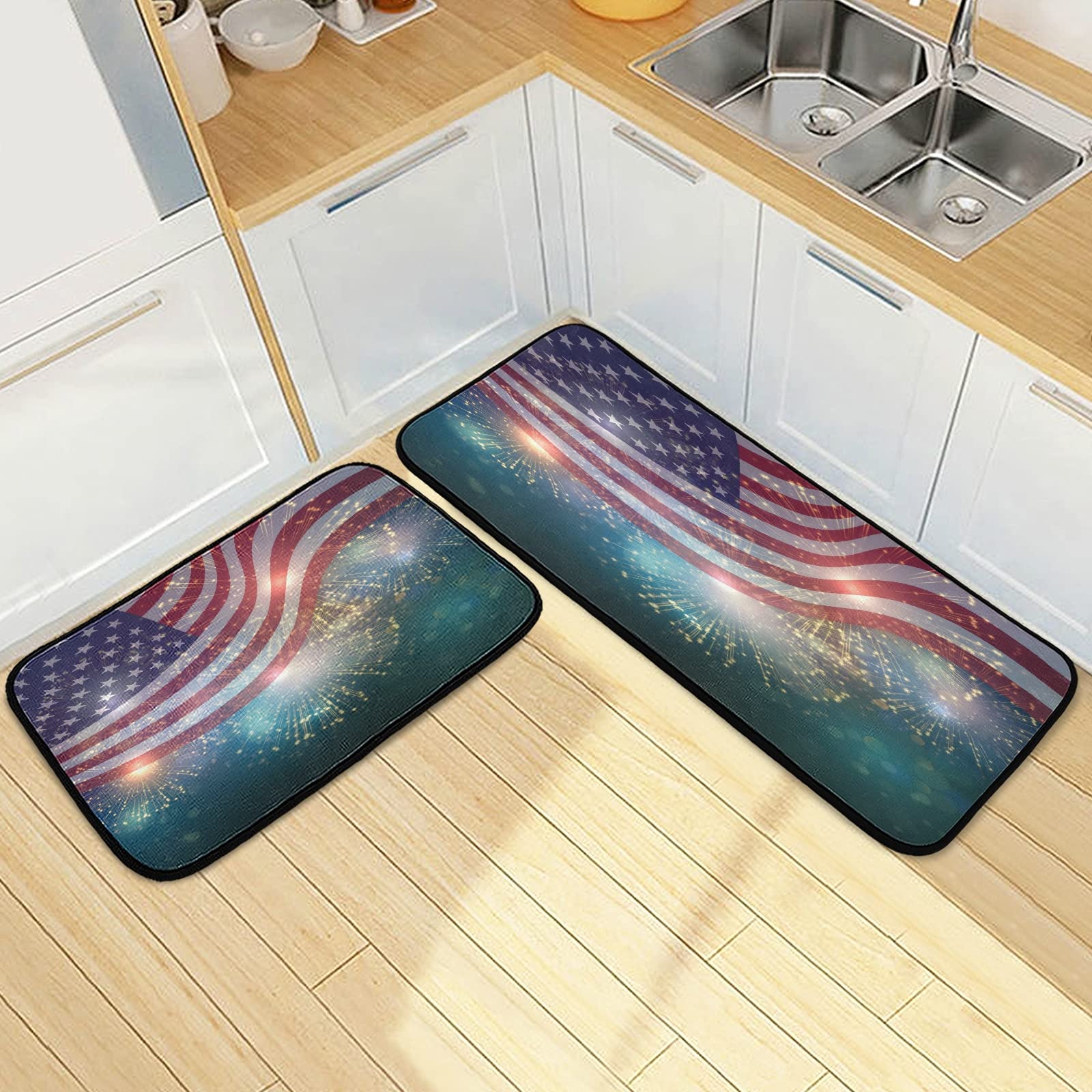 ALAZA American Flag 4th of July Firework 2 Piece Kitchen Rug Floor Mat Set Runner Rugs Non-Slip for Kitchen Laundry Office 20" x 28" + 20" x 48"