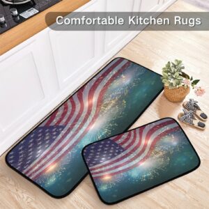 ALAZA American Flag 4th of July Firework 2 Piece Kitchen Rug Floor Mat Set Runner Rugs Non-Slip for Kitchen Laundry Office 20" x 28" + 20" x 48"