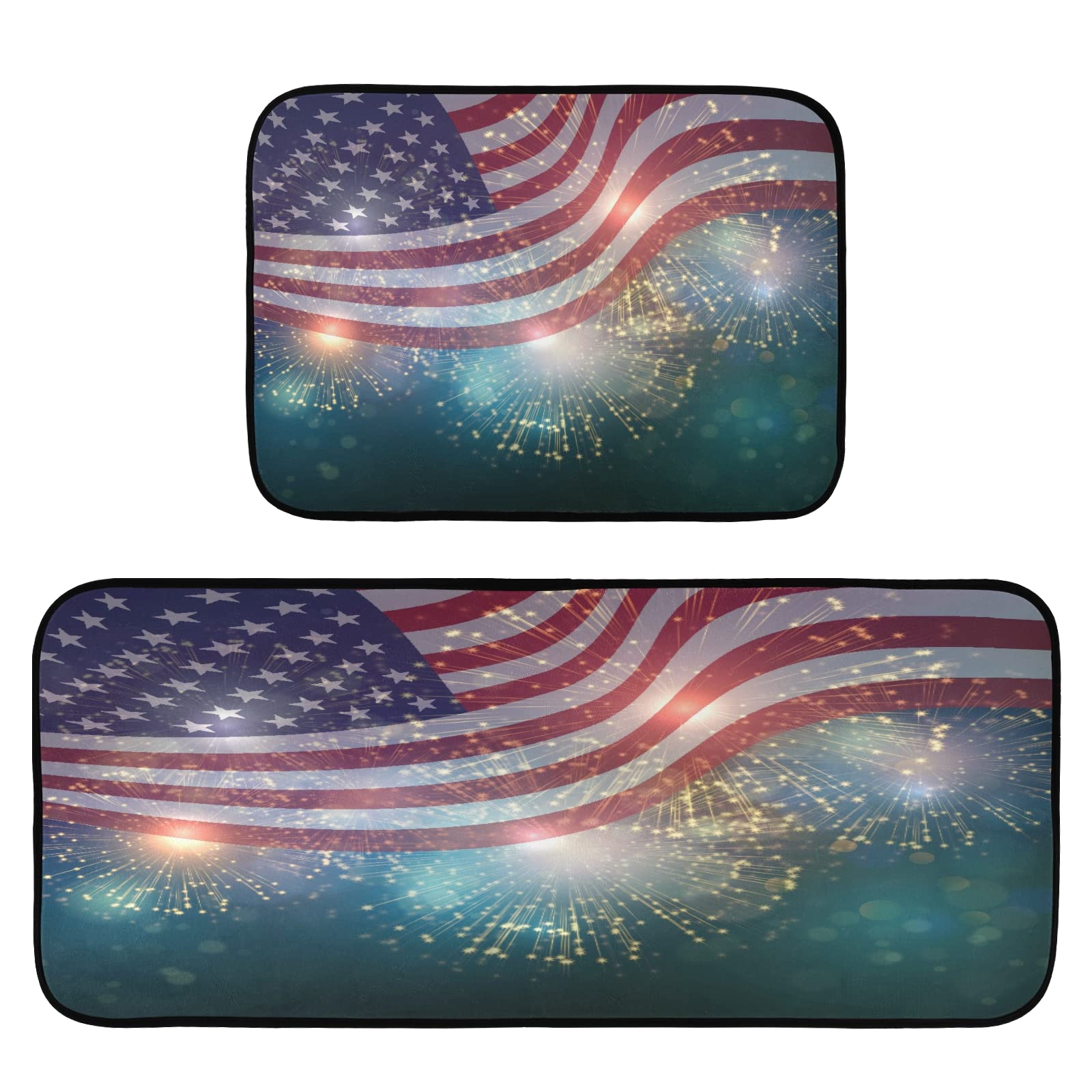 ALAZA American Flag 4th of July Firework 2 Piece Kitchen Rug Floor Mat Set Runner Rugs Non-Slip for Kitchen Laundry Office 20" x 28" + 20" x 48"