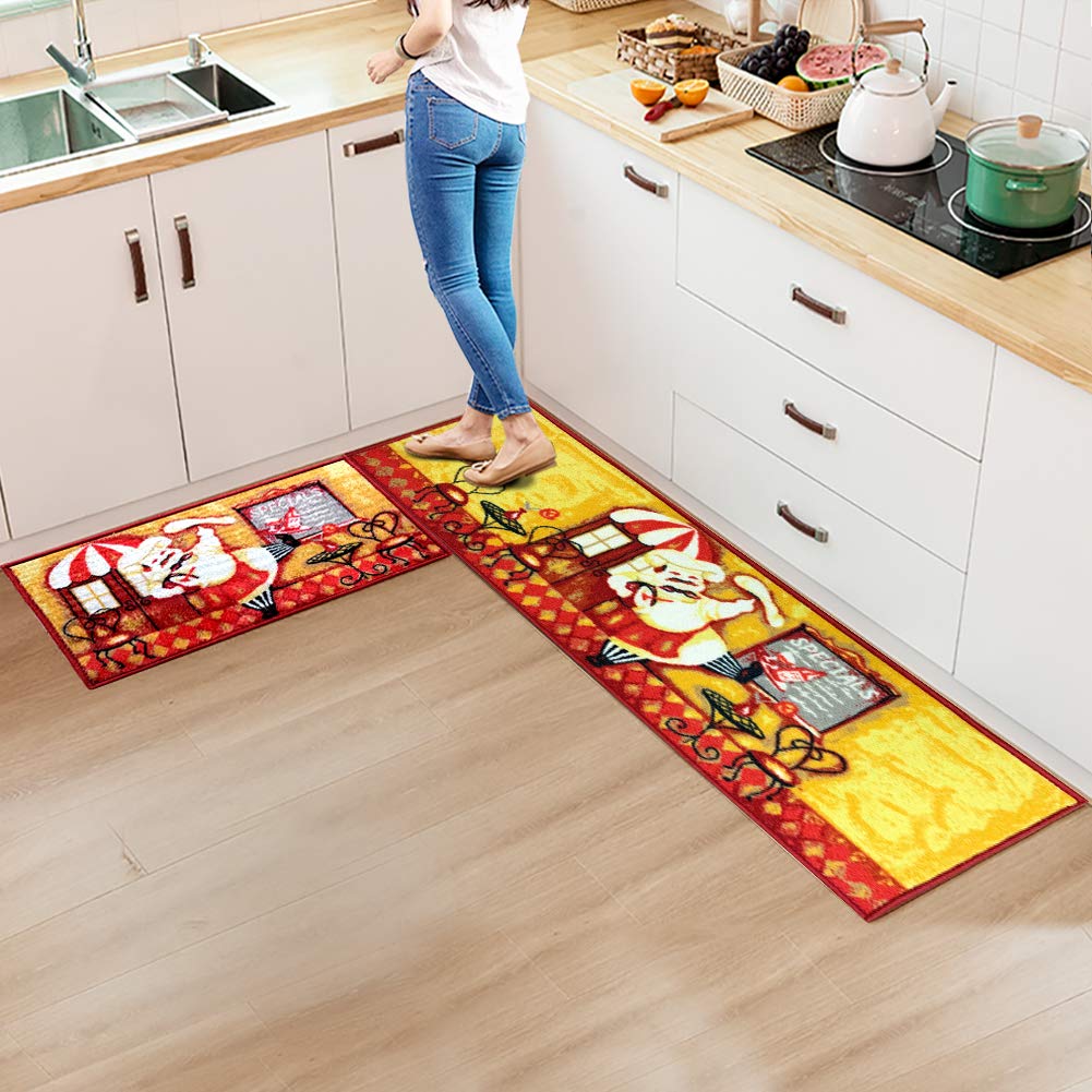 FAMIFIRST Kitchen Rug 2 Piece Non Slip Kitchen Mat Latex Backing Door Mat Floor Mat Kitchen Decor Set, 16''x47''+16''x23'', Bannock Chef