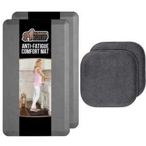 gorilla grip antifatigue mat set of 2 and chair pads set of 2, antifatigue mats size 17x48 and 17x24, supportive memory foam, chair cushion size 16x16, microfiber, both in gray, 2 item bundle