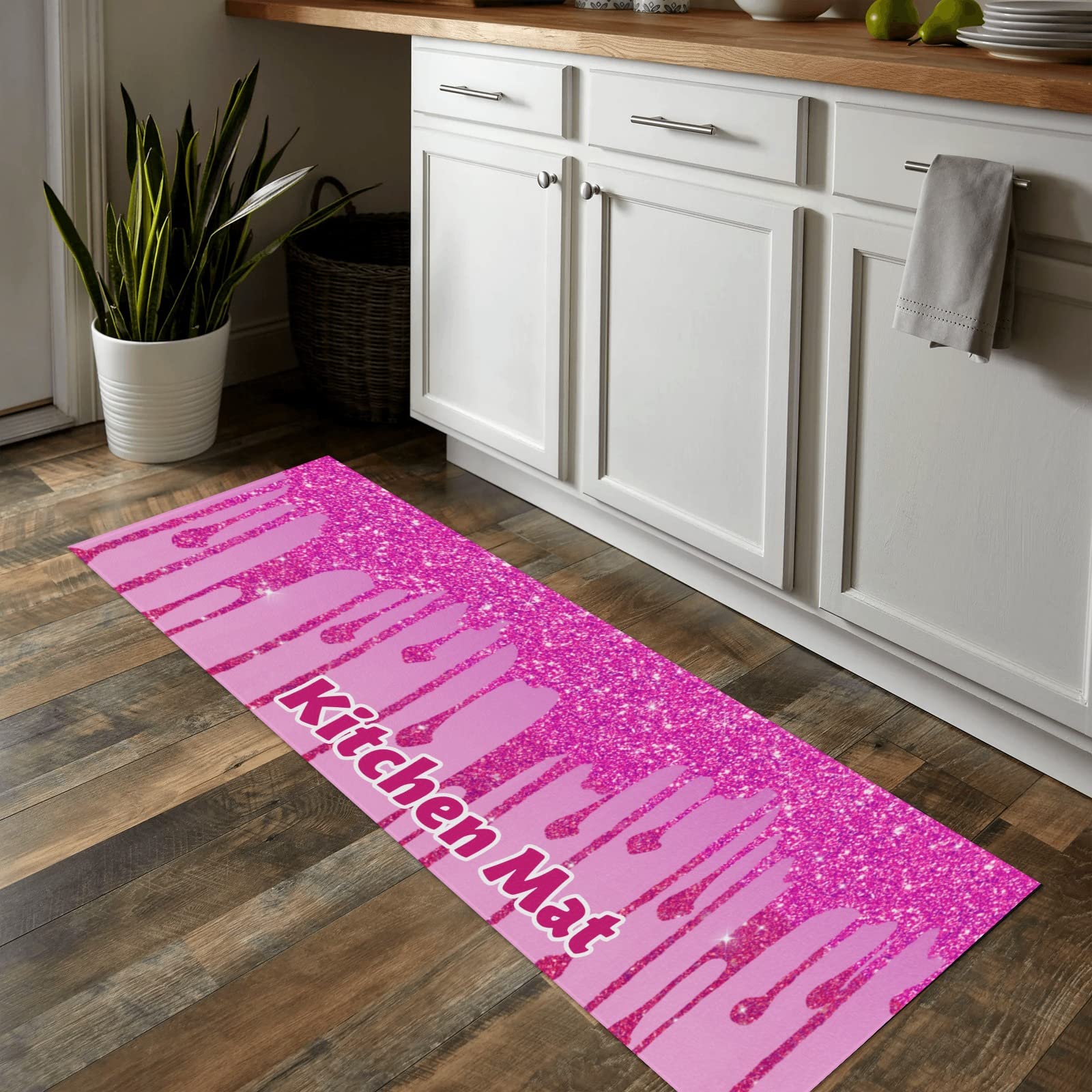 Pink Glitter Dripping Personalized Kitchen Mat Rug,Custom Floor Door Mat Anti-Slip Rugs for Kitchen,Bathroom,Laundry,48x17Inch