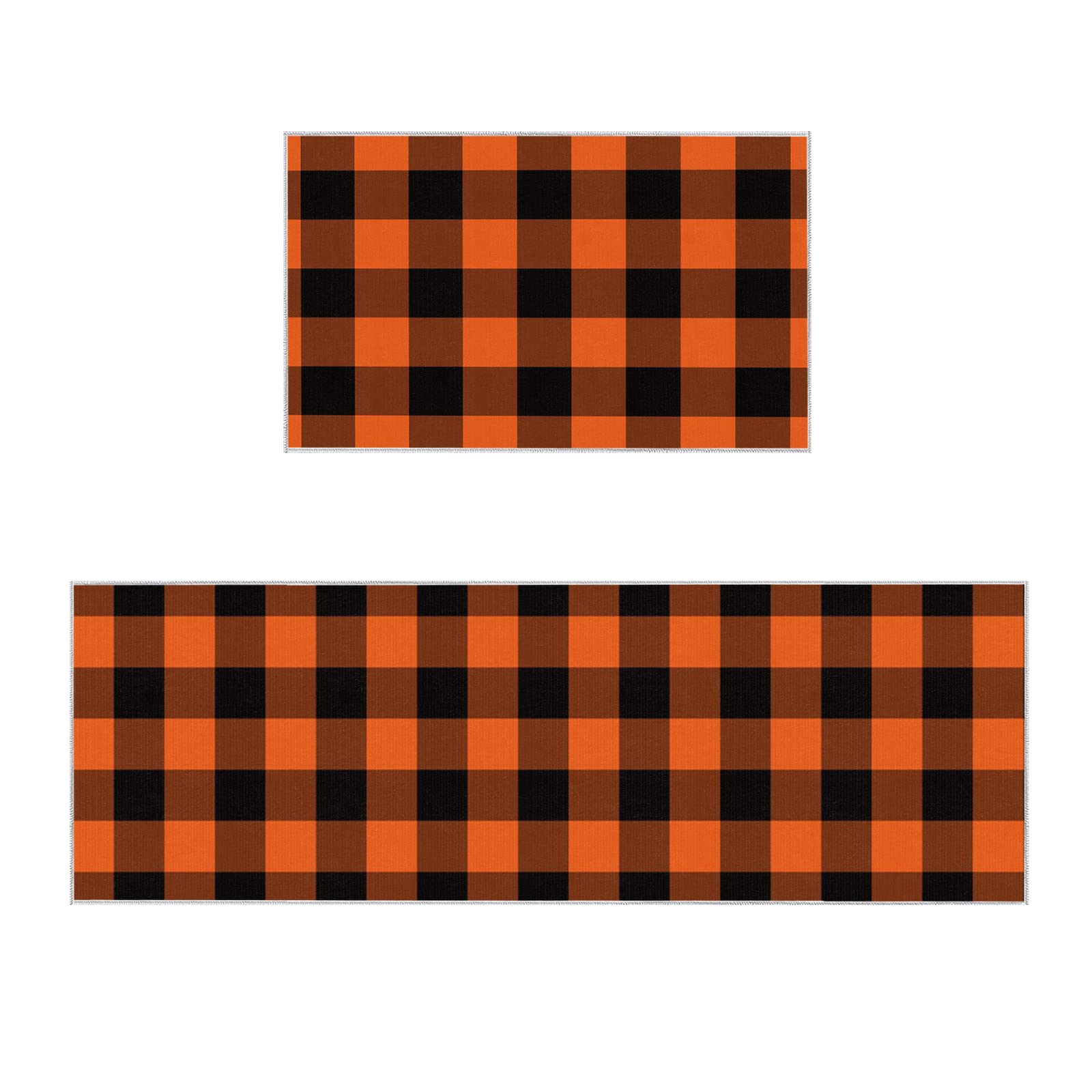 Savannan Kitchen Runner Rug Set 2 PCS, Halloween Orange and Black Buffalo Checke Plaid Runner Carpet Door Mats with Non Slip Rubber Backing Floor Mat for Laundry Bedside