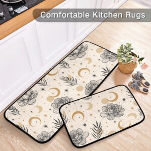 NFMILI (Boho Floral Moon) Kitchen Mat 2 PCS Cushioned Anti-Fatigue Kitchen Rug, Waterproof Non-Slip Floor Mats Thick Ergonomic Comfort Standing Mat for Kitchen Sink Laundry Room Bedroom Living Room