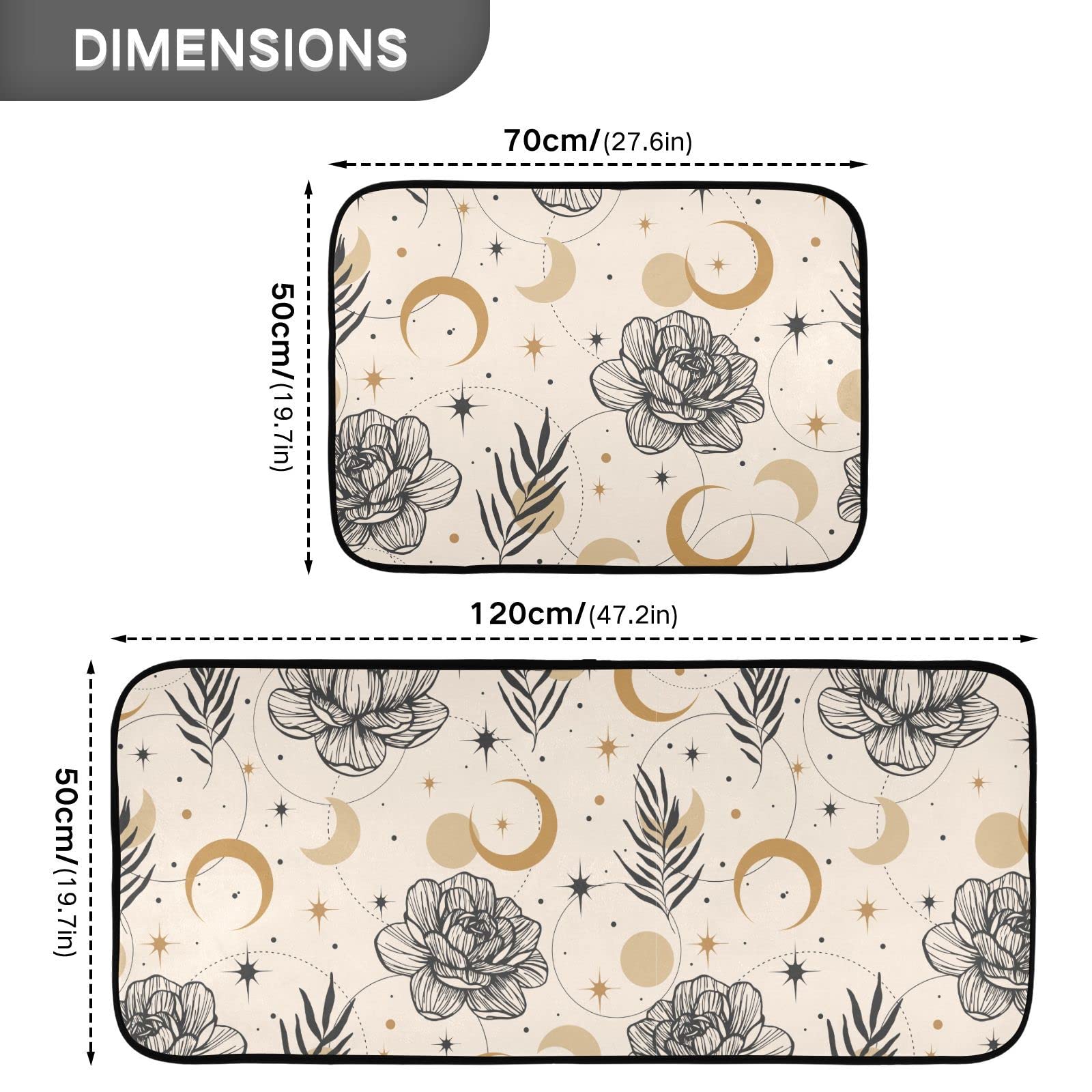 NFMILI (Boho Floral Moon) Kitchen Mat 2 PCS Cushioned Anti-Fatigue Kitchen Rug, Waterproof Non-Slip Floor Mats Thick Ergonomic Comfort Standing Mat for Kitchen Sink Laundry Room Bedroom Living Room