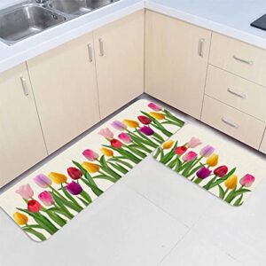 zoe garden 2 pcs kitchen rug set, retro spring flower non-slip kitchen mats and rugs comfort floor door mat doormat, tulip floral red purple yellow throw bath runner rug mat