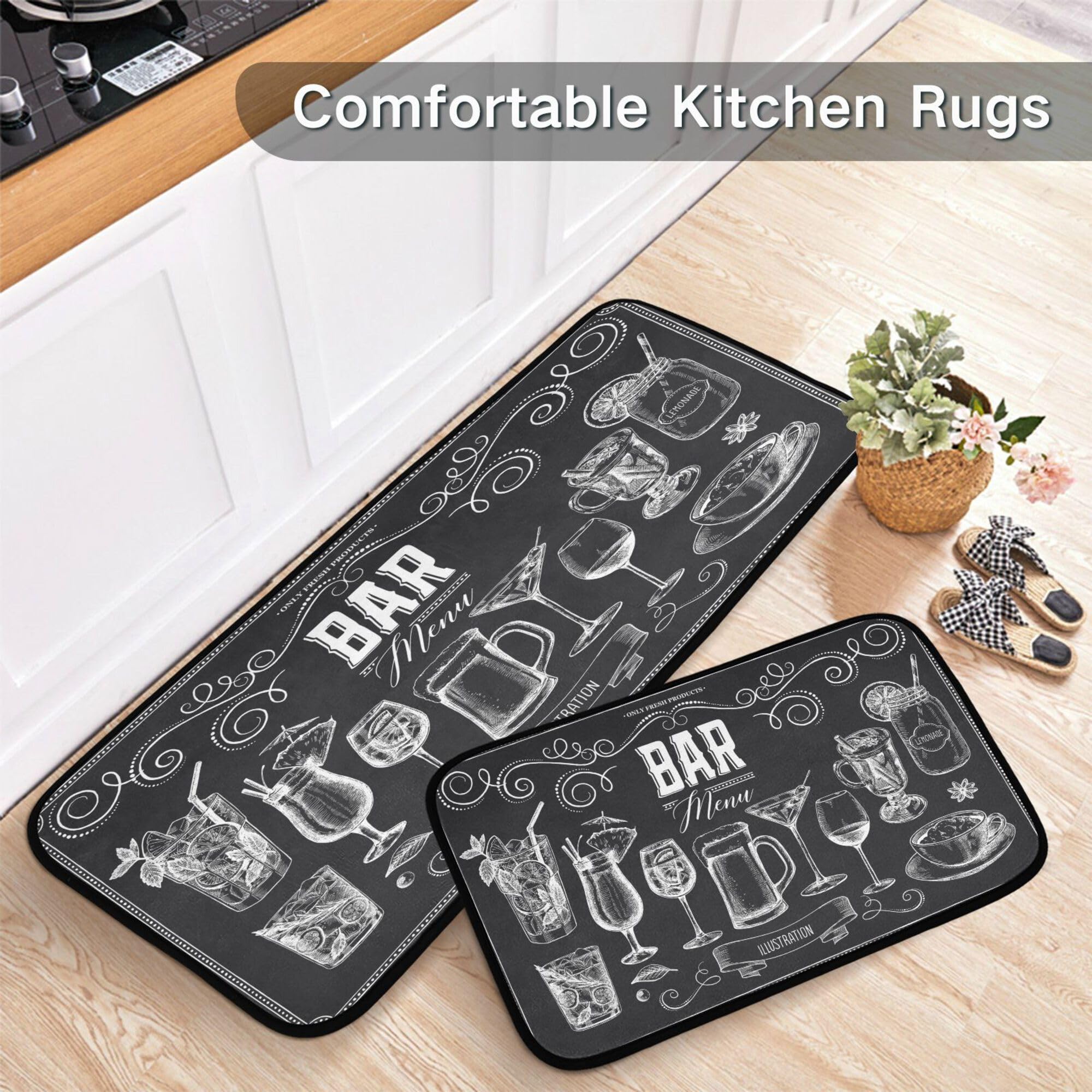 Set of Cocktails 2 Piece Kitchen Rugs and Mats Set Washable Runner Rug Carpets Set Bedroom Laundry Bathroom Area Rugs 19.7x47.2+19.7x27.6 Menu of Restaurants and Bars