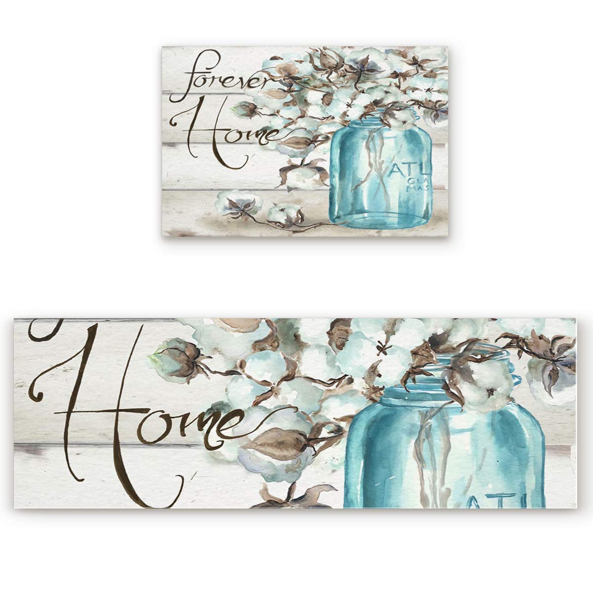 Infinidesign 2 Piece Kitchen Mat Non-Slip Floor Mat Super Soft Indoor Rugs Bathroom Area Rugs Doormat Runner Rug Set Carpet,Forever Home Mason Jar Floral (15.7"x23.6"+15.7"x47.2" inches)