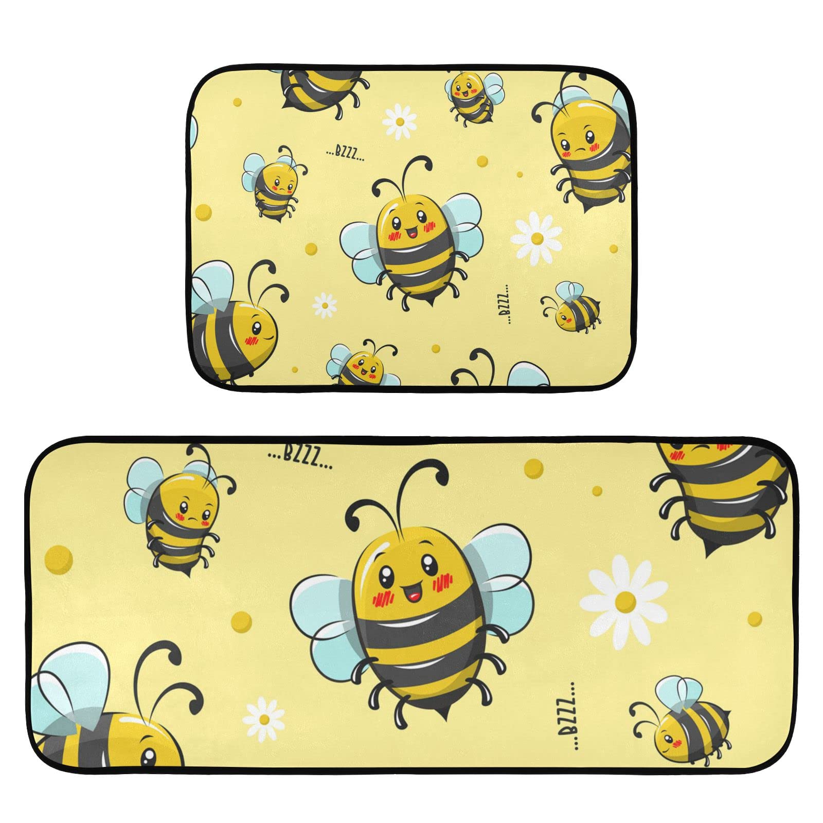 JIPONI Cute Honey Bee Cartoon Kitchen Rugs Set of 2 Pieces, Non Slip Cushioned Anti Fatigue Mats for Kitchen Floor, 19.7" X27.6+19.7" X47.2 Heavy Duty Comfort Standing Mats