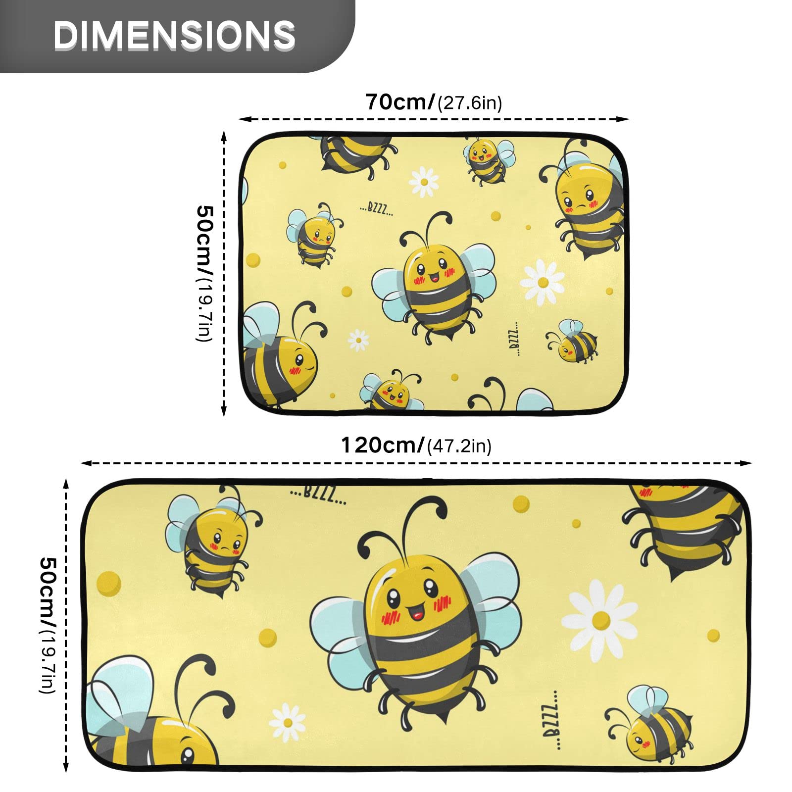 JIPONI Cute Honey Bee Cartoon Kitchen Rugs Set of 2 Pieces, Non Slip Cushioned Anti Fatigue Mats for Kitchen Floor, 19.7" X27.6+19.7" X47.2 Heavy Duty Comfort Standing Mats