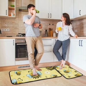 JIPONI Cute Honey Bee Cartoon Kitchen Rugs Set of 2 Pieces, Non Slip Cushioned Anti Fatigue Mats for Kitchen Floor, 19.7" X27.6+19.7" X47.2 Heavy Duty Comfort Standing Mats