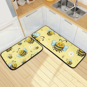 JIPONI Cute Honey Bee Cartoon Kitchen Rugs Set of 2 Pieces, Non Slip Cushioned Anti Fatigue Mats for Kitchen Floor, 19.7" X27.6+19.7" X47.2 Heavy Duty Comfort Standing Mats