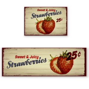 z&l home kitchen rug sets 2 piece floor mats non-slip rubber backing area runners fresh strawberry on vintage wood board doormat rustic fruit indoor washable carpet door mat pad, 15.7x23.6in+15.7x47.2in