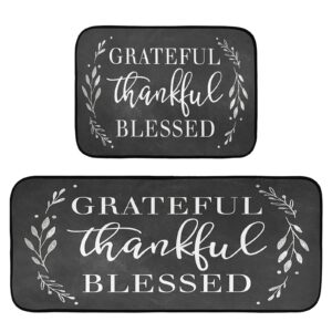 grateful thankful blessed kitchen rugs set 2 piece non-slip backing washable anti-slip backing mat for doorway bathroom runner rug carpet set (19.7*47.2in+19.7*27.6in )