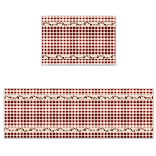 Red Retro Buffalo Tartan Farm Country Star Berry Kitchen Rug Runner Rug American Country Style Kitchen Floor Mats Non Slip Area Rug for Living Room Bath Doormat Indoor Carpet Set (20x24IN+20x48IN)